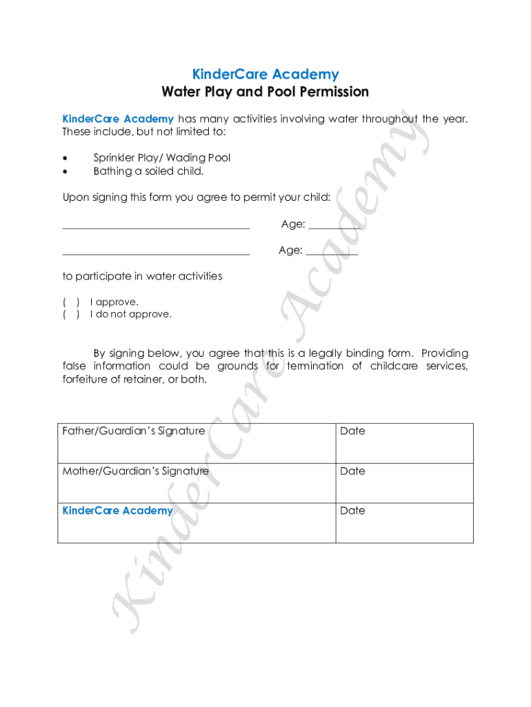 Fillable Online KinderCare Academy Water Play and Pool Permission Fax ...