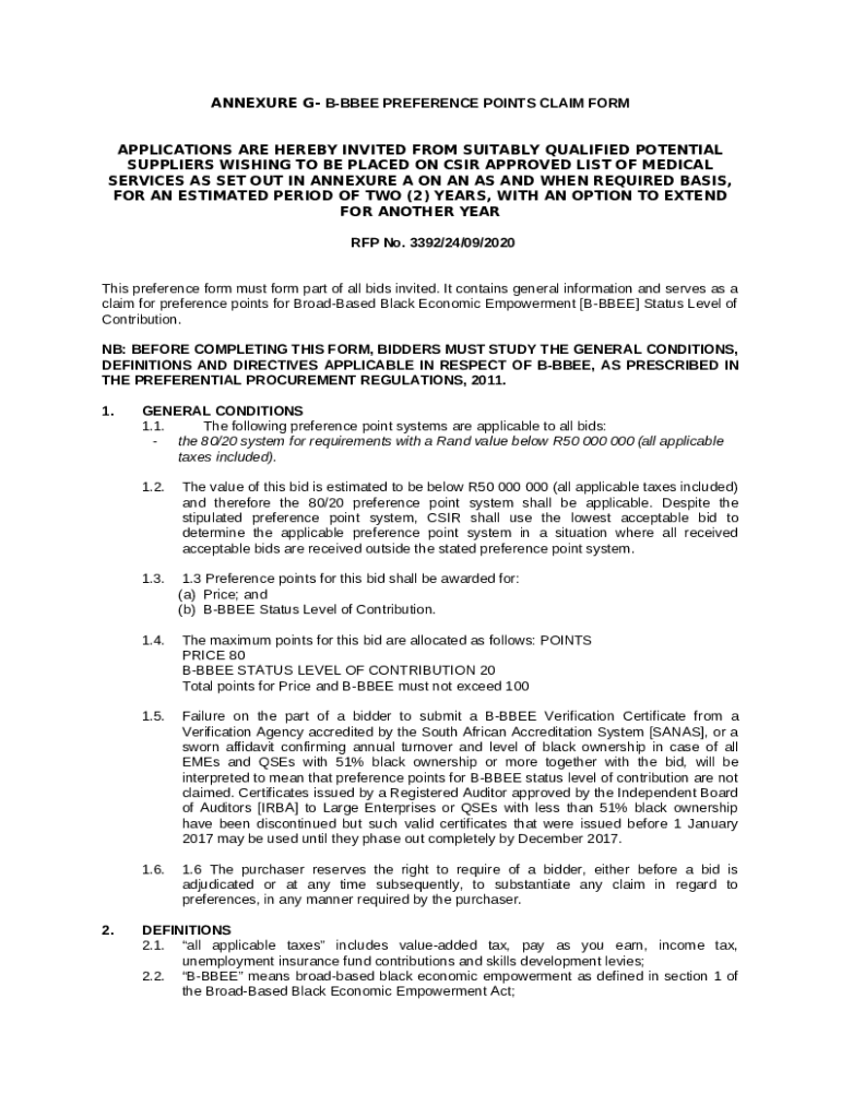 Annexure G - B-BBEE PREFERENCE POINTS ... Doc Template | pdfFiller