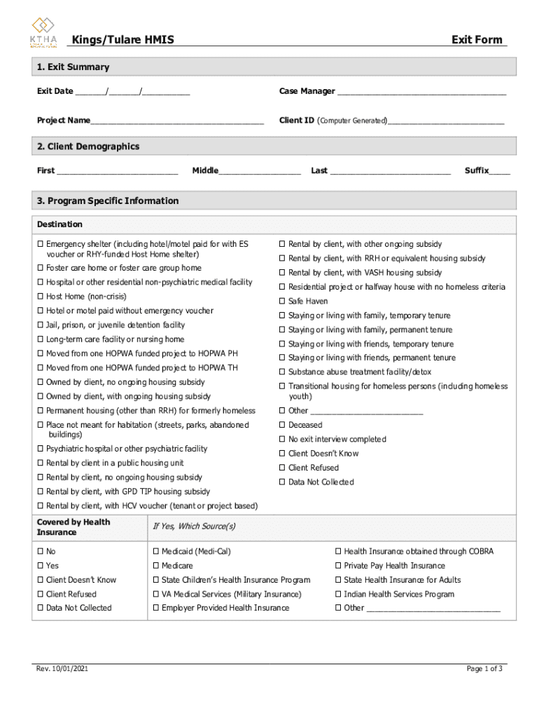 Fillable Online Kings/Tulare HMIS Exit Form Fax Email Print - pdfFiller