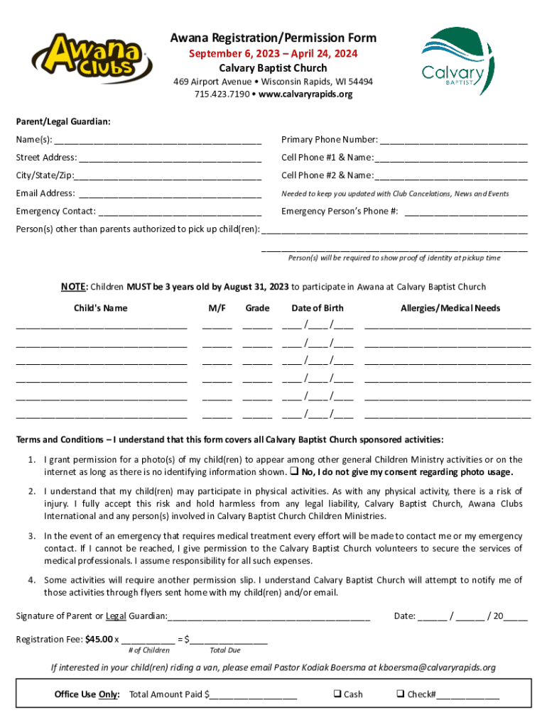 Fillable Online Awana Registration/Permission Form - Calvary Baptist ...