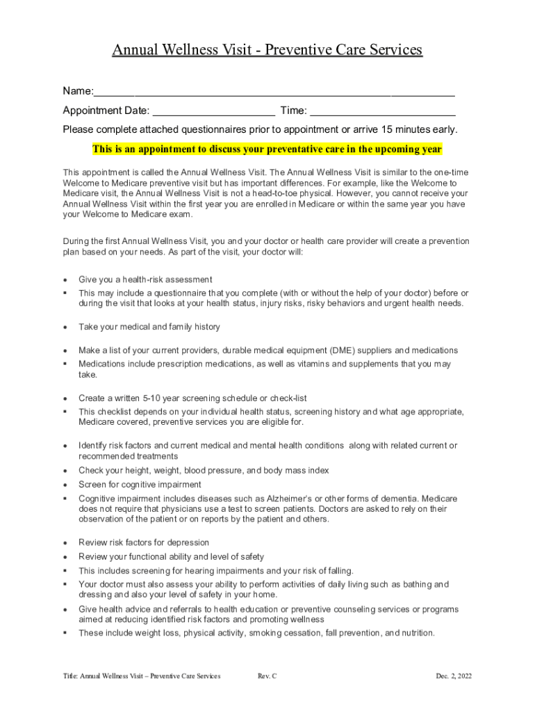 Fillable Online 1- Medicare Annual Wellness Visit - Preventive Care ...