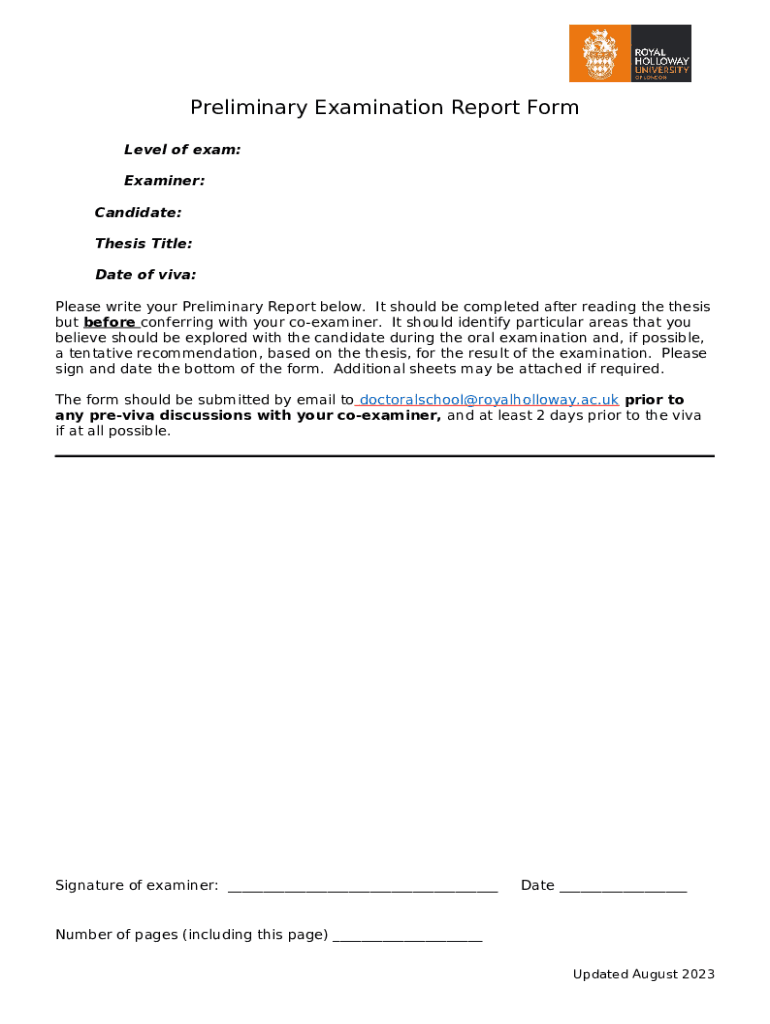 Examiner's preliminary report (before the viva) Doc Template | pdfFiller