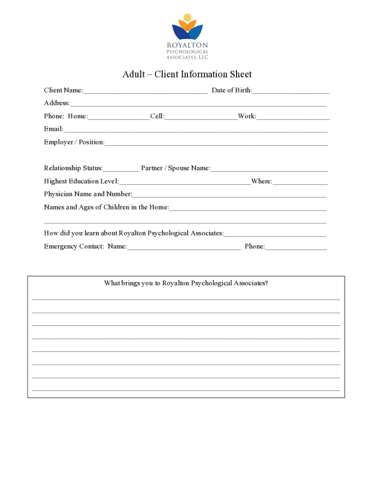 Fillable Online RPA Adult Intake Sheet.docx Fax Email Print - pdfFiller