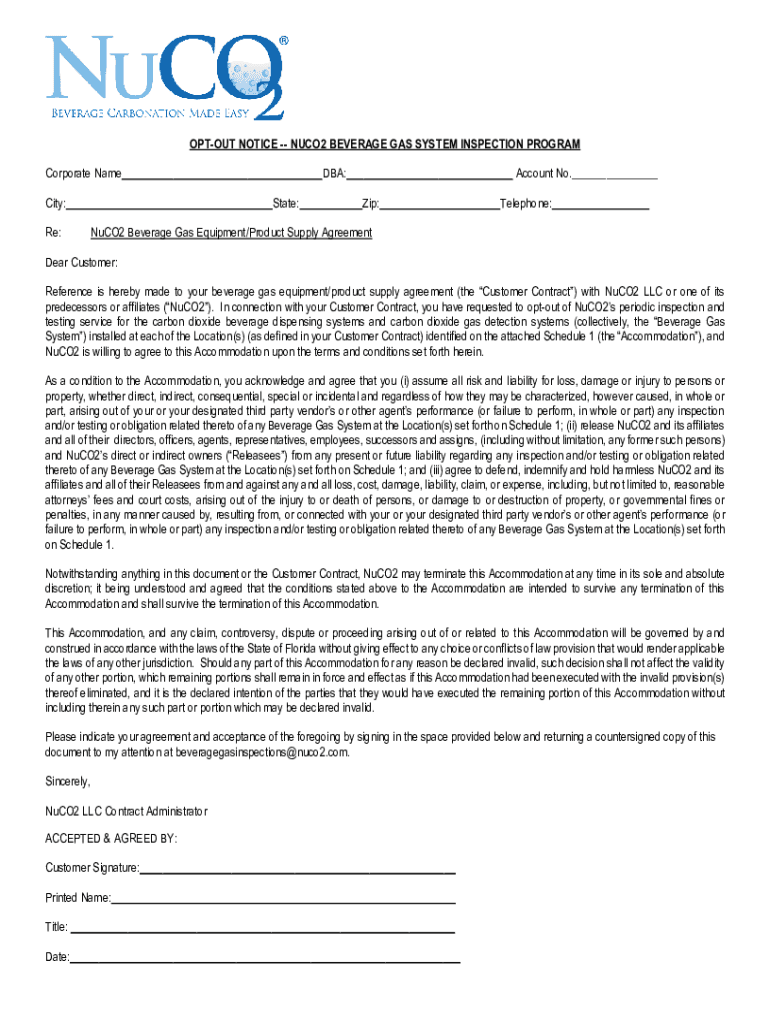 Fillable Online Opt-Out Notice -- NuCO2 Beverage Gas System Inspection ...