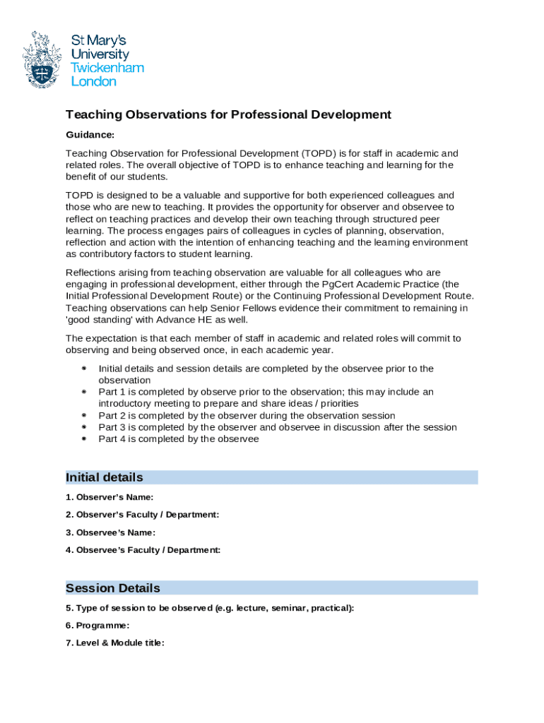 Teaching Observations for Professional Development . Teaching ...