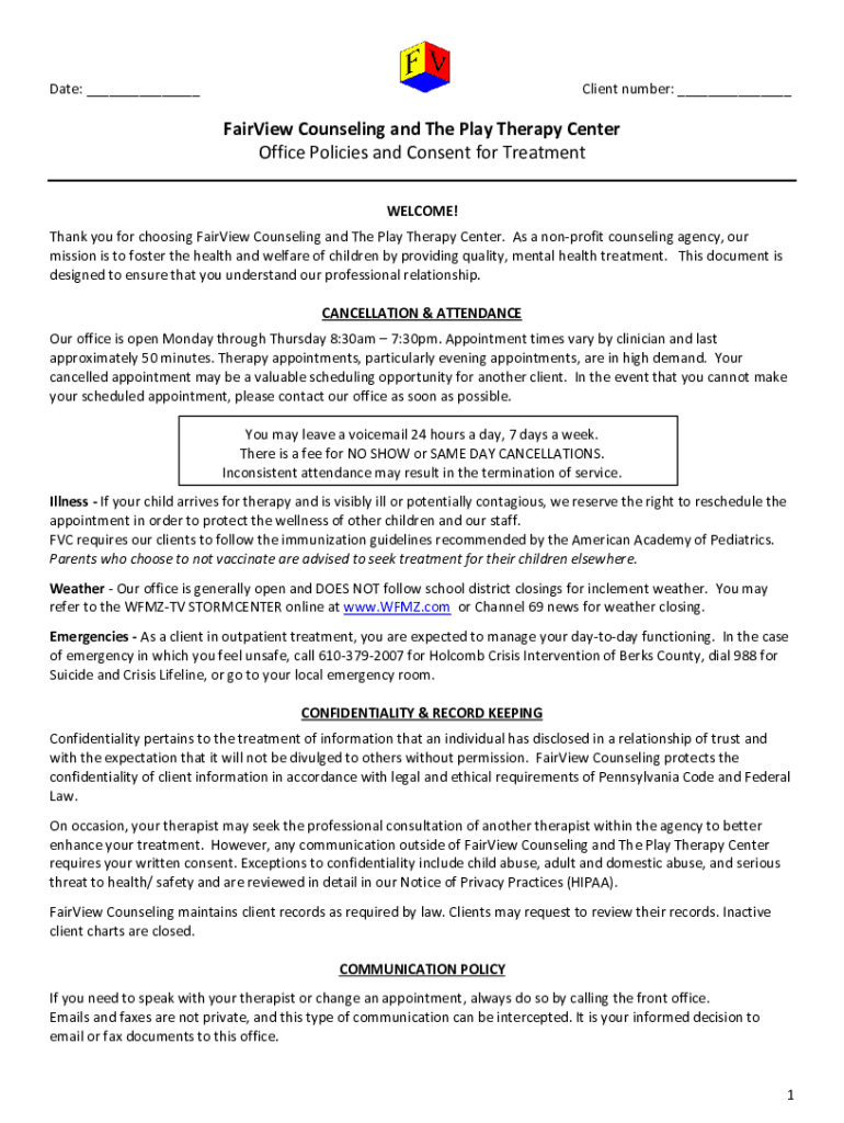 Fillable Online FairView Counseling and The Play Therapy CenterReading ...