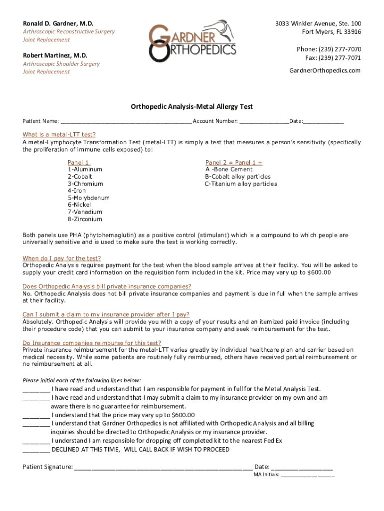 Fillable Online Orthopedic Analysis-Metal Allergy Test Fax Email Print ...