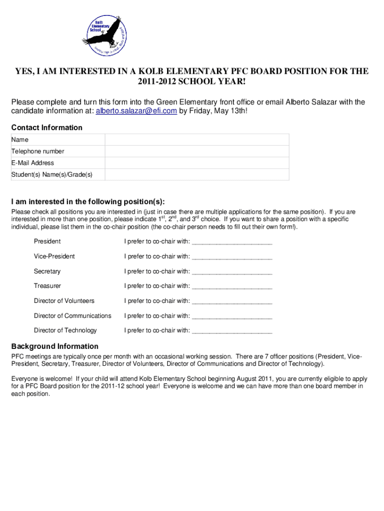Fillable Online YES, I AM INTERESTED IN A KOLB ELEMENTARY PFC ... Fax ...