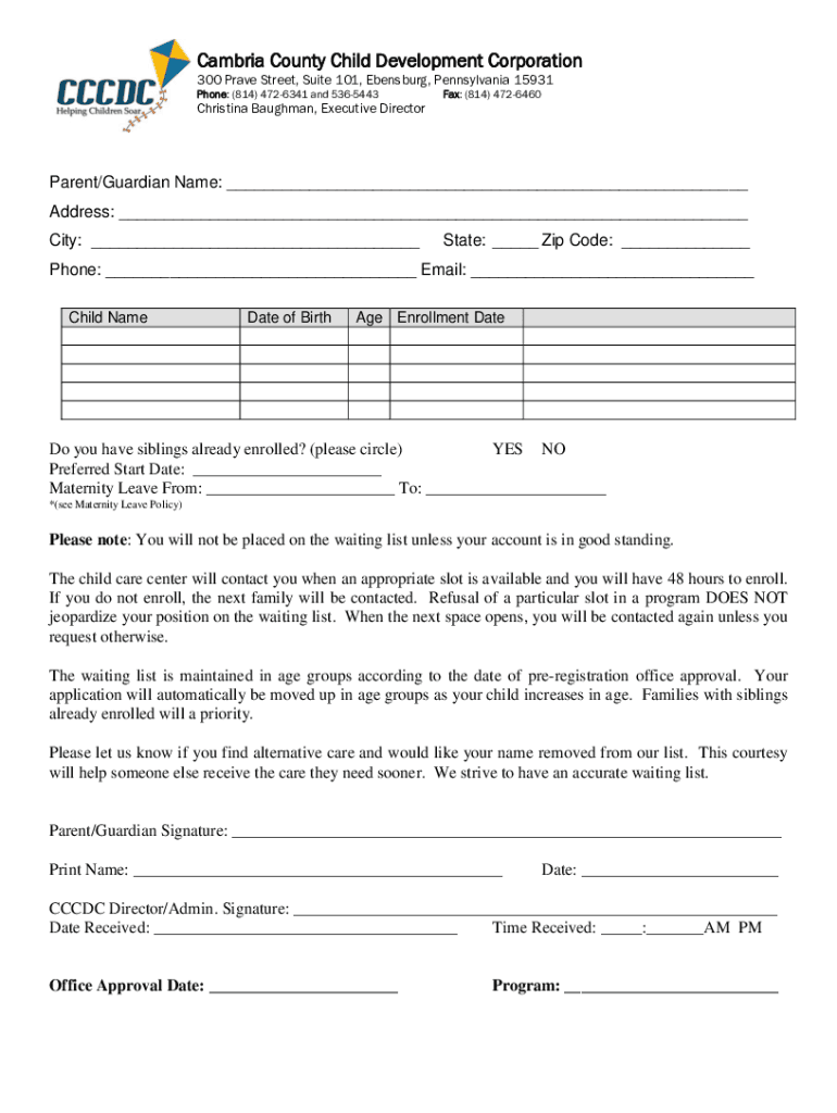 Fillable Online Cambria County Child Development Corporation Child and ...