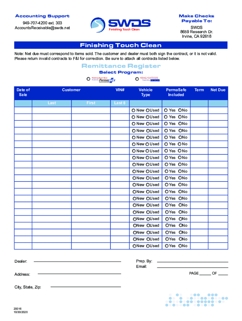 Fillable Online Finishing Touch Clean Remittance Register Fax Email Print - pdfFiller