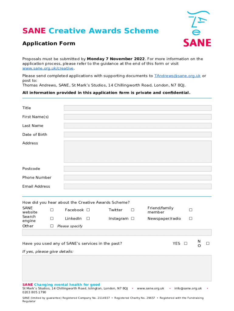 SANE Creative Awards Scheme Application Doc Template | pdfFiller