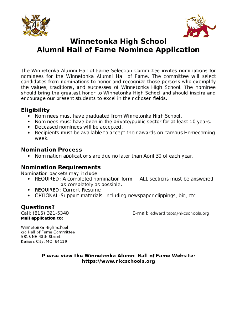 Winnetonka High School Alumni Hall of Fame Nominee ... Doc Template | pdfFiller
