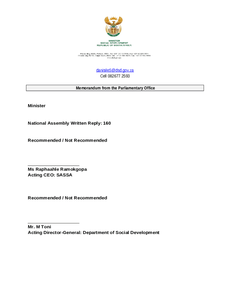Question NW160 to the Minister of Social Development - pmg org Doc ...