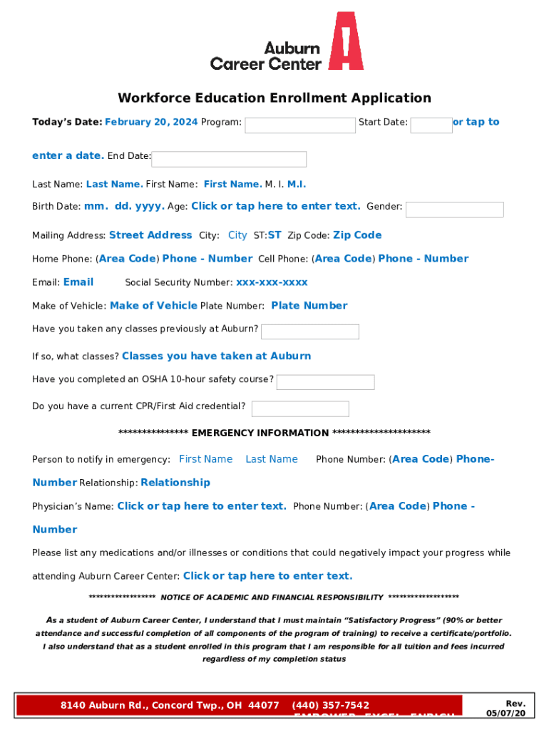 Workforce Education Enrollment Application Doc Template | pdfFiller