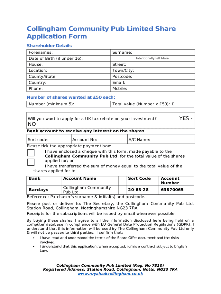 Collingham Community Pub Limited Share Application Doc Template | pdfFiller