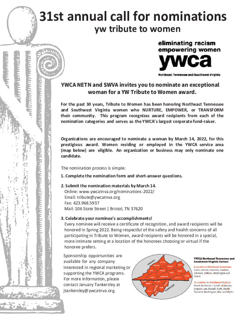 Fillable Online Nominations are being accepted for Tribute to Women ... Fax Email Print - pdfFiller