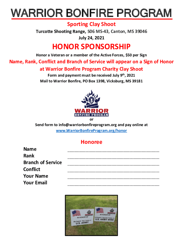 Fillable Online Warrior Bonfire Program Annual Charity Sporting Clays ...