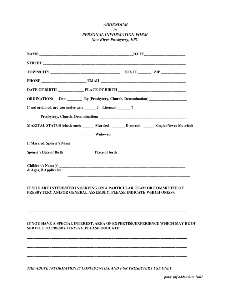 Fillable Online ADDENDUM to PERSONAL INFORMATION FORM ... Fax Email ...