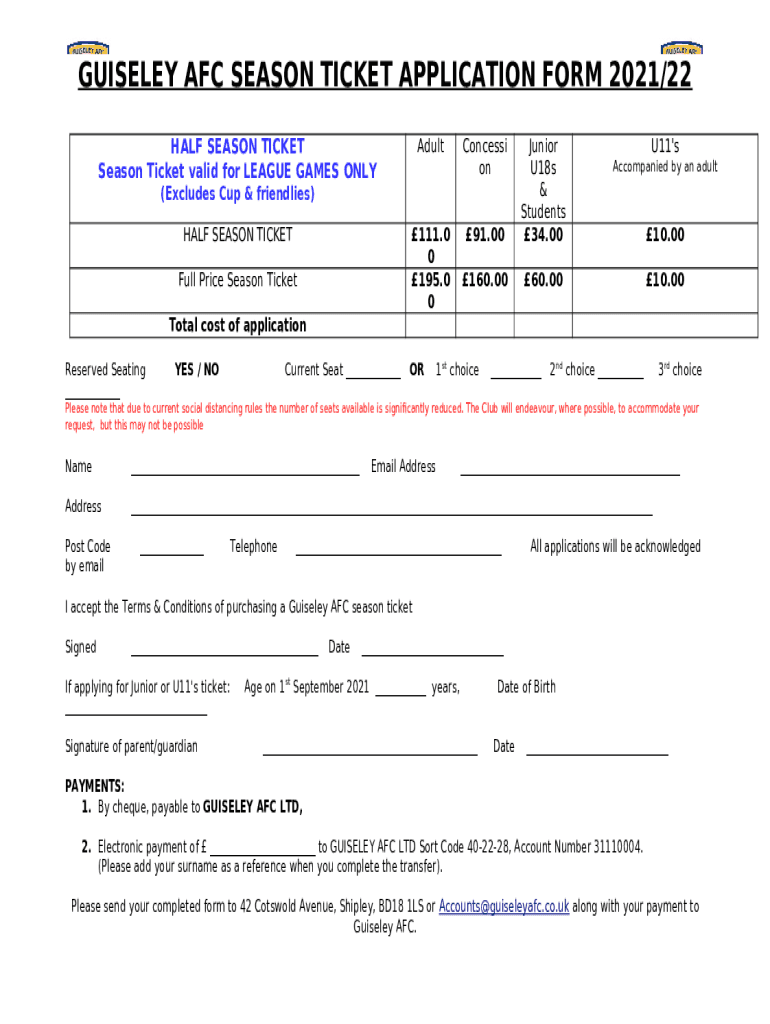 guiseley afc season ticket application 2021/22 Doc Template | pdfFiller