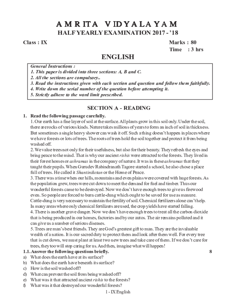 Fillable Online Half Yearly Question Paper - Standard 9 - Amrita ...
