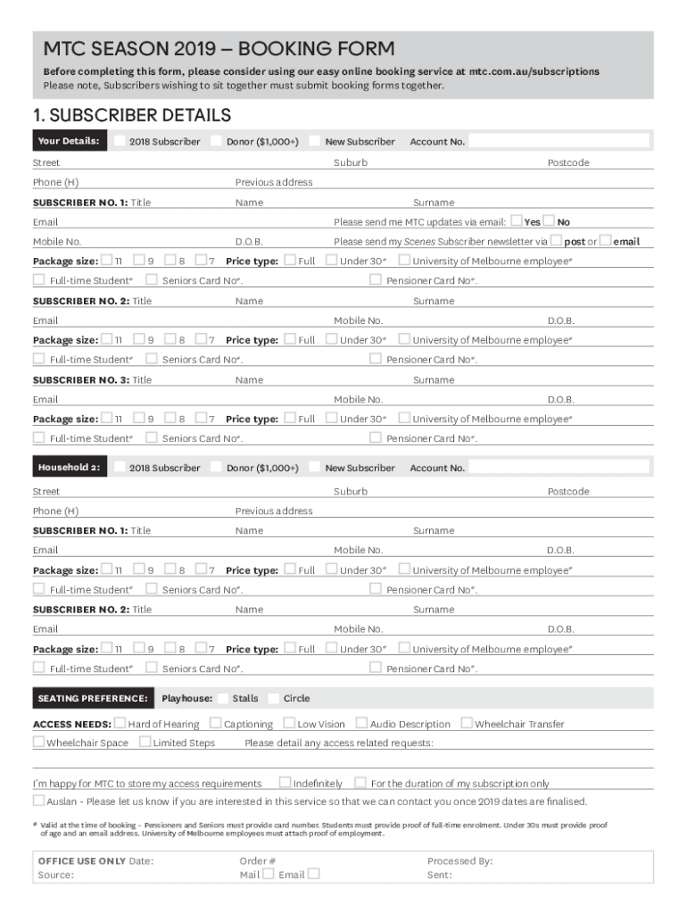 Fillable Online MTC SEASON 2019BOOKING FORM Fax Email Print - pdfFiller
