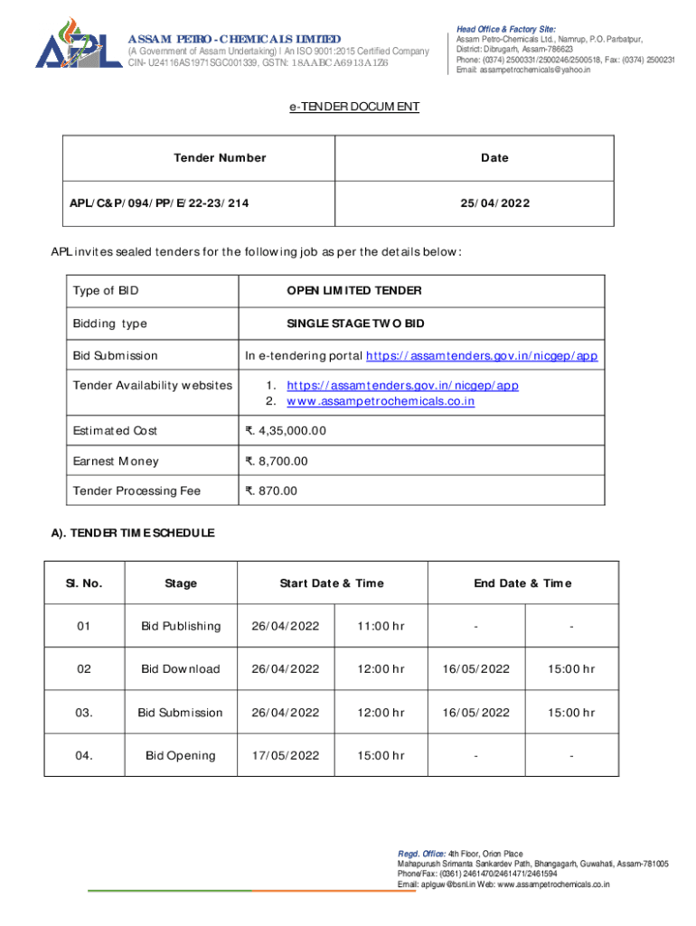Fillable Online assampetrochemicals co e-TENDER DOCUMENT Tender Number ...