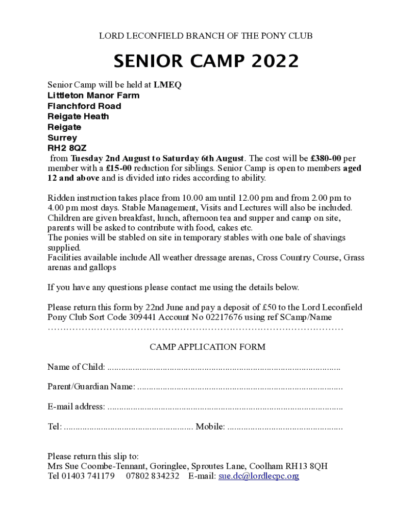 Fillable Online Senior Camp Form 2022 - The Lord Leconfield Pony Club ...
