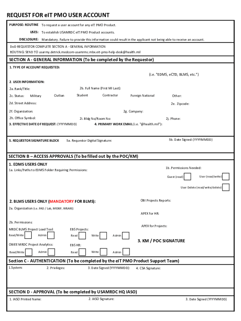 Fillable Online eIT PMO User Account Form. Account Request Fax Email Print - pdfFiller