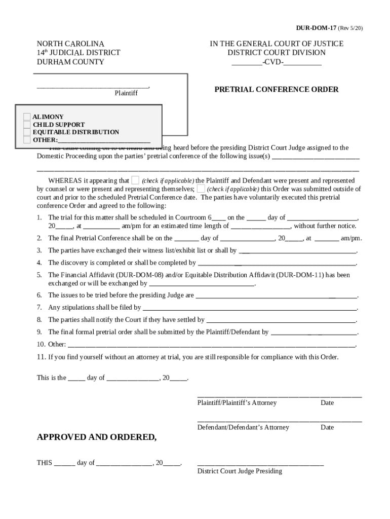 DUR-DOM-17 Pretrial Conference Order (Rev. 5/20) Doc Template | pdfFiller