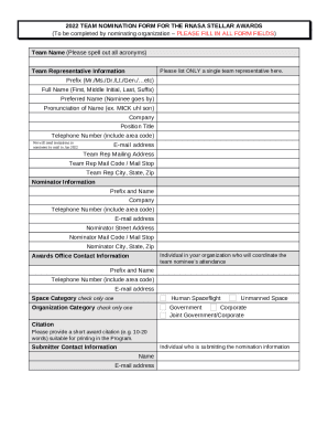 RNASA Stellar Award Nomination s Doc Template | pdfFiller
