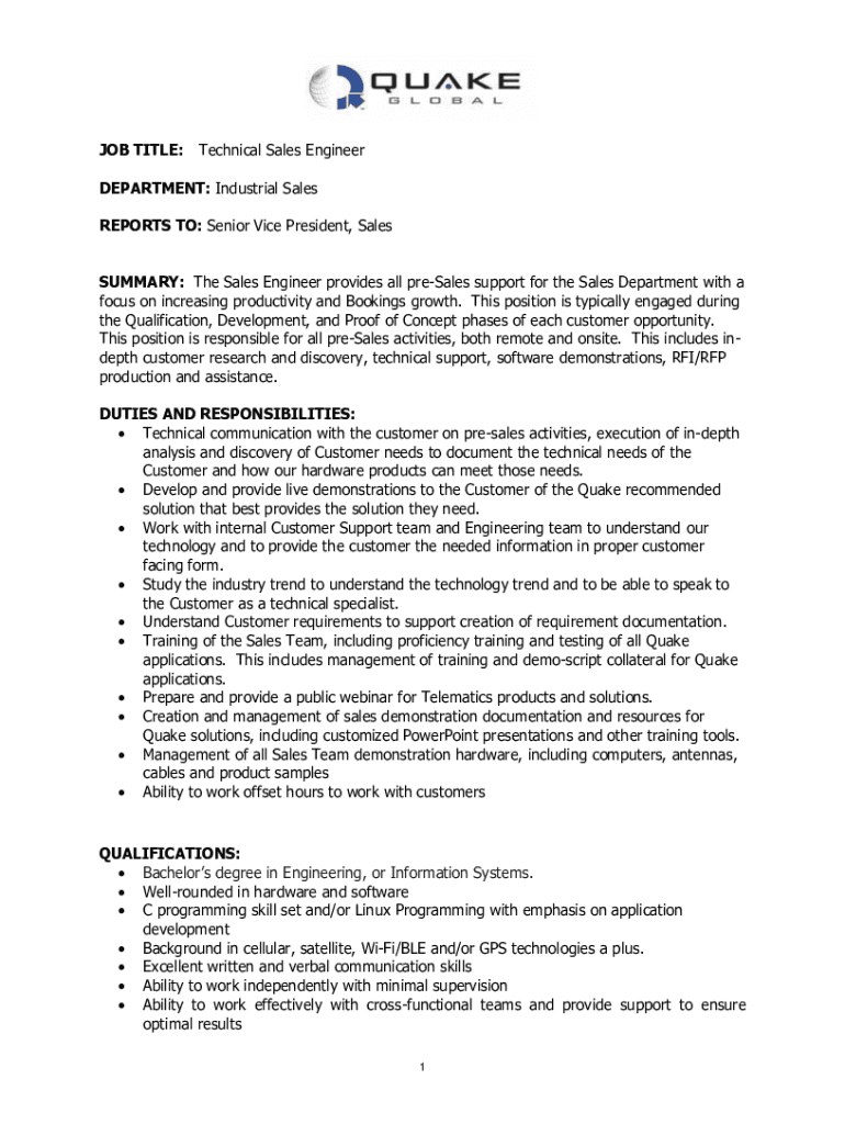 Fillable Online Sales Engineer Job Description Template Fax Email Print ...
