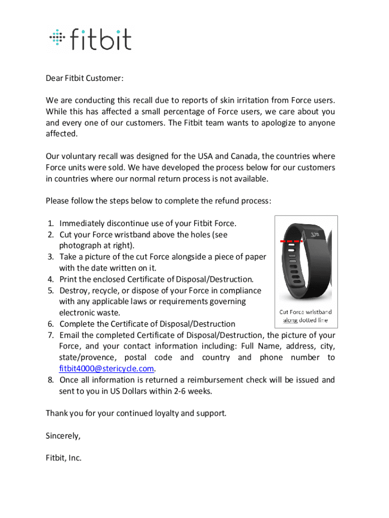 Fillable Online Fitbit Recalls Force Device After Complaints of Rashes ...