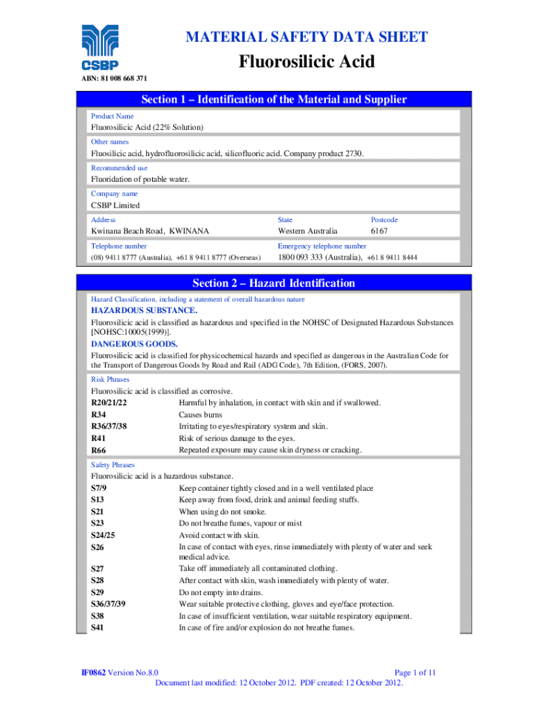 Fillable Online Safety Data Sheet (SDS) Hydrofluorosilicic Acid Fax ...