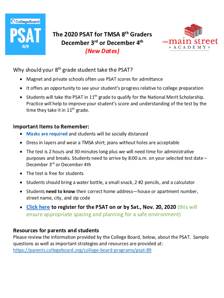 Fillable Online PSAT Registration for TMSA's 7th & 8th Grade Scholars ...