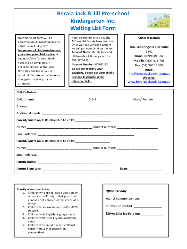 Fillable Online Fillable Online Berala Jack & Jill Pre-school ...