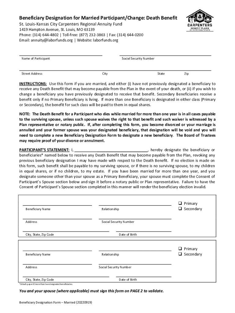 Fillable Online Beneficiary Designation for Married Participant/Change Fax Email Print - pdfFiller