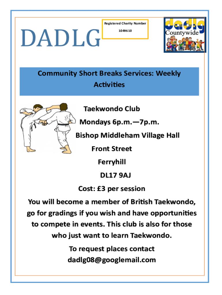 Fillable Online Weekly Activities Taekwondo Club Mondays 6p.m. Fax Email Print - pdfFiller