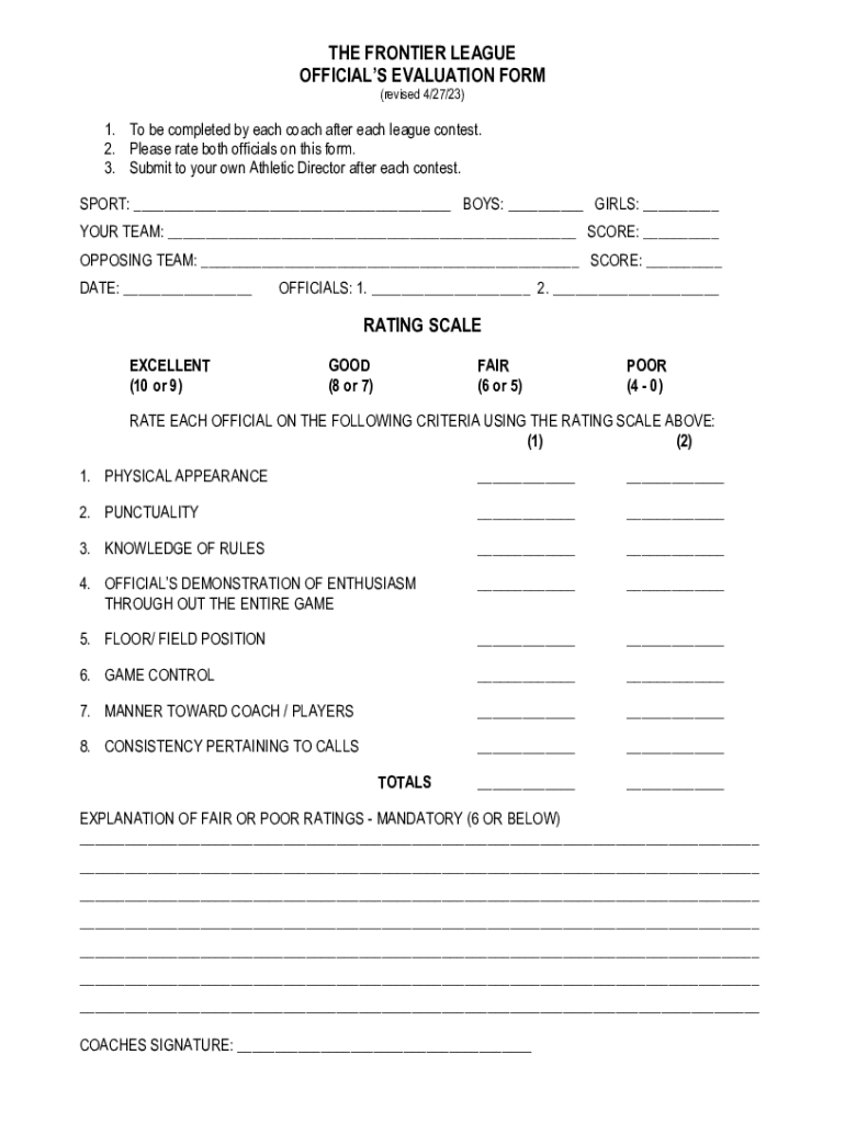 Fillable Online FRONTIER LEAGUE OFFICIALS EVALUATION FORM Fax Email ...