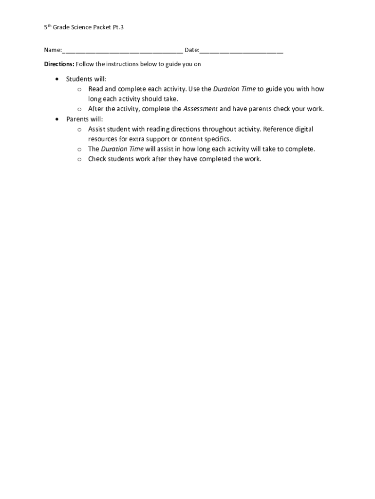 Fillable Online 5th Grade Science Name: Date: Directions: Follow the ... Fax Email Print - pdfFiller
