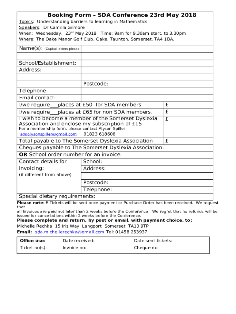 Booking - SDA Conference 23rd May 2018 Doc Template | pdfFiller