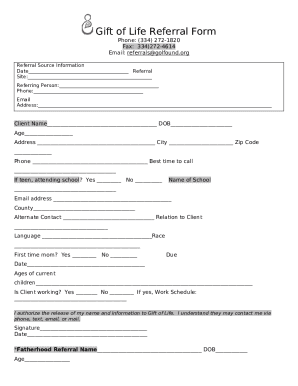 Referral/Enrollment - Gift of Life Foundation Doc Template | pdfFiller