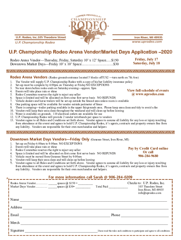 Fillable Online U.P. Championship Rodeo Arena Vendor/Market Days ...