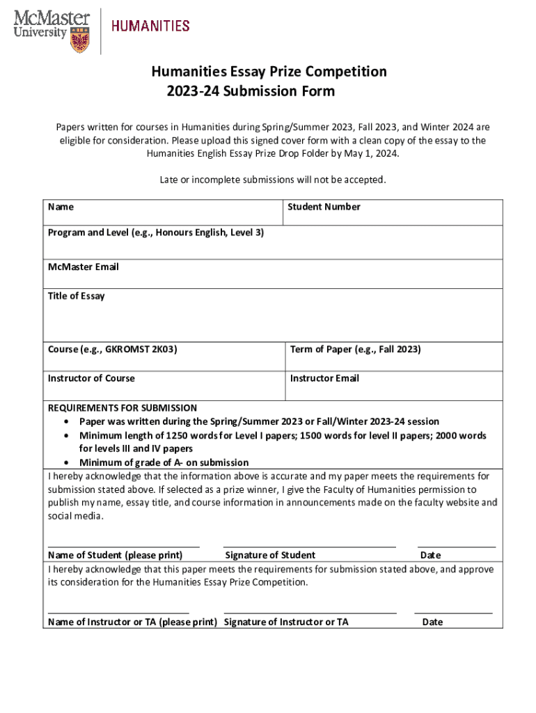 Fillable Online humawards humanities mcmaster Humanities Essay Prize ...