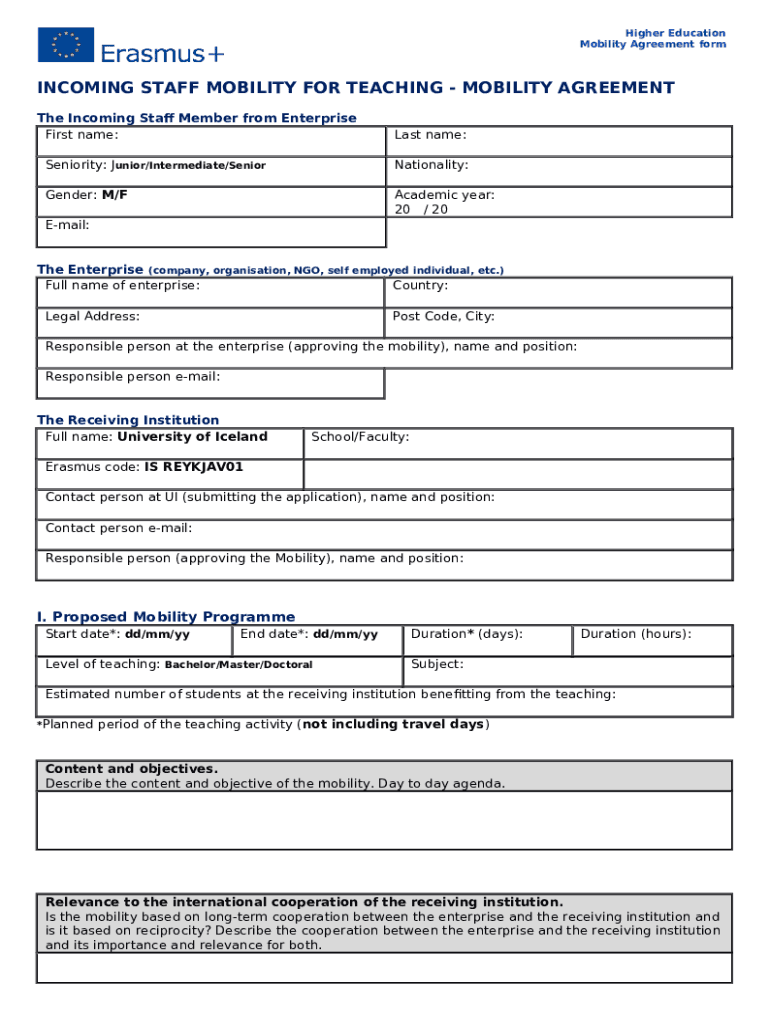 Incoming staff from enterprise to teach mobility agreement Doc Template | pdfFiller