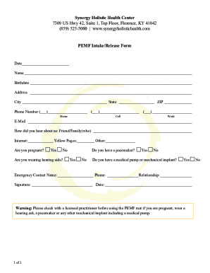 Fillable Online PEMF Intake/Release Form Fax Email Print - pdfFiller