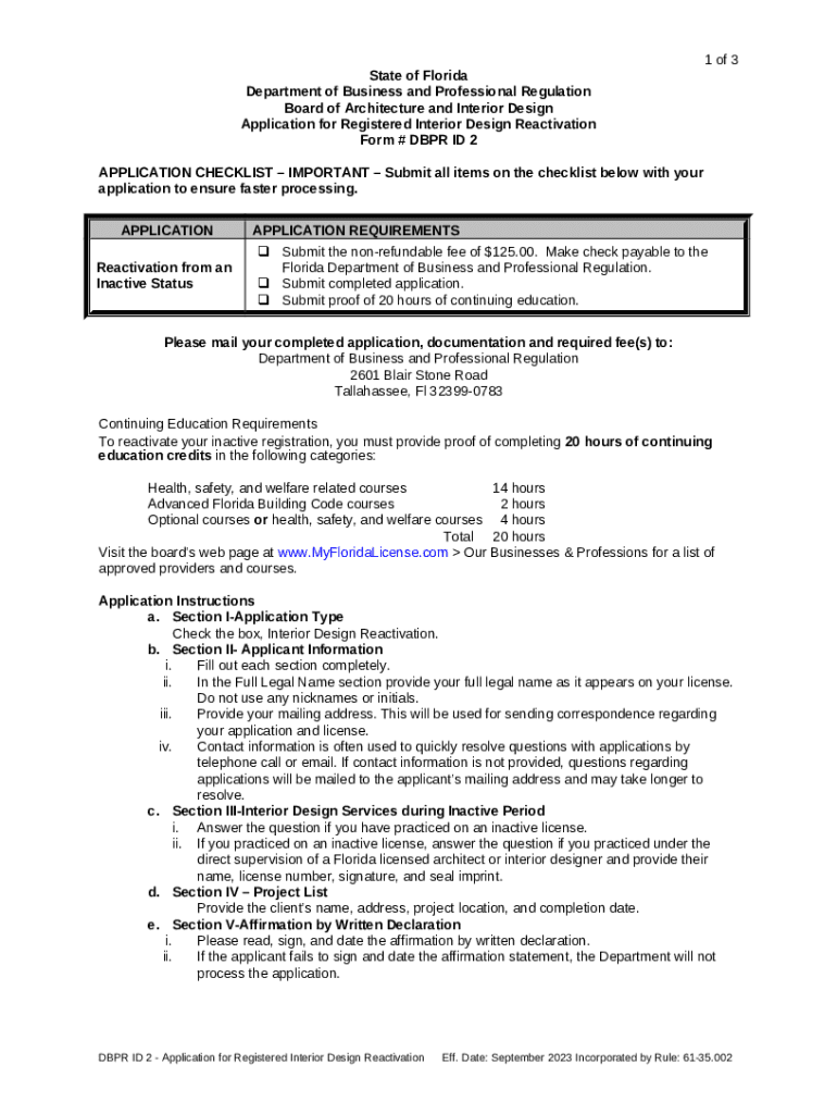 DBPR ID 2 - Application for Registered Interior Design Reactivation Doc Template | pdfFiller