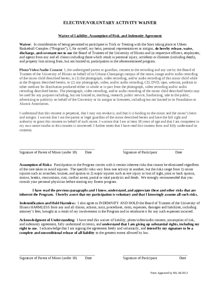 ELECTIVE/VOLUNTARY ACTIVITY WAIVER - Risk Services Doc Template | pdfFiller