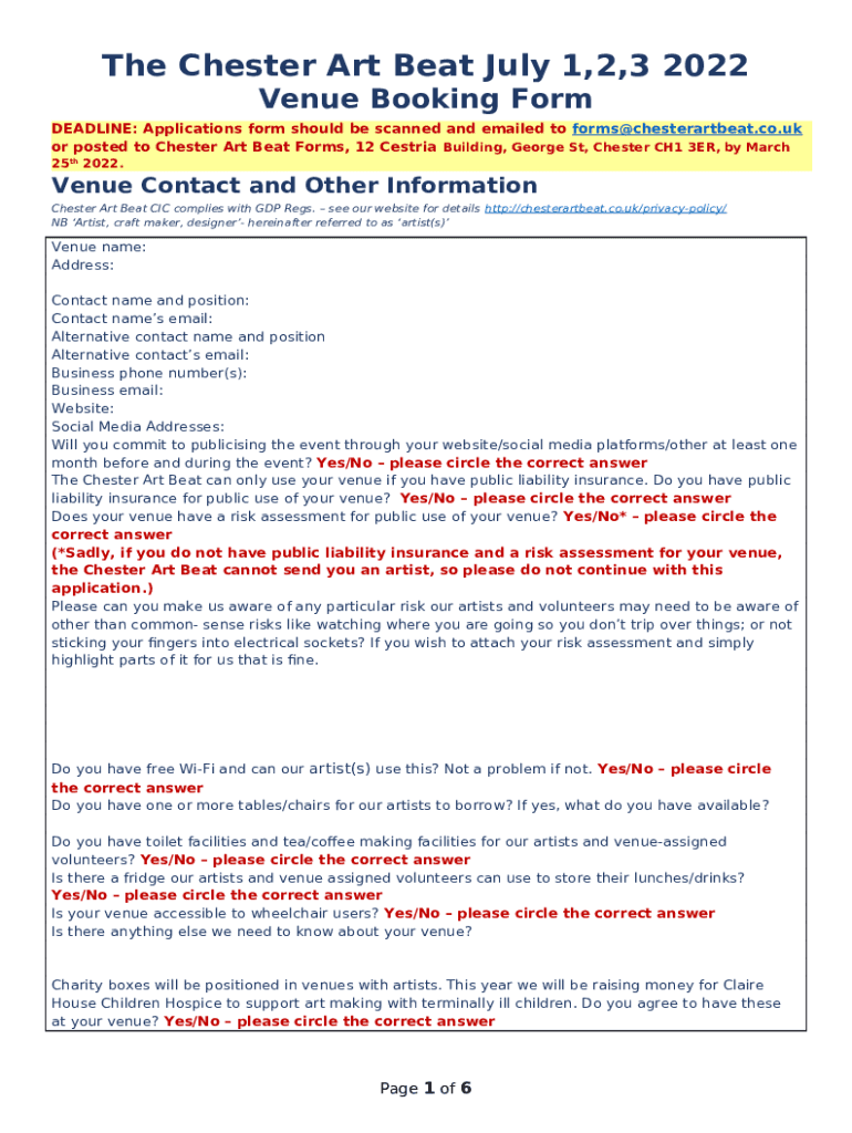 The Chester Art Beat July 1,2,3 2022 Venue Booking Doc Template | pdfFiller