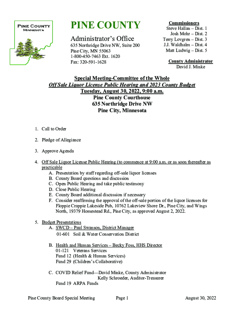 Fillable Online 9:00 a.m. Pine County Courthouse 635 Northridge Dr. NW ...