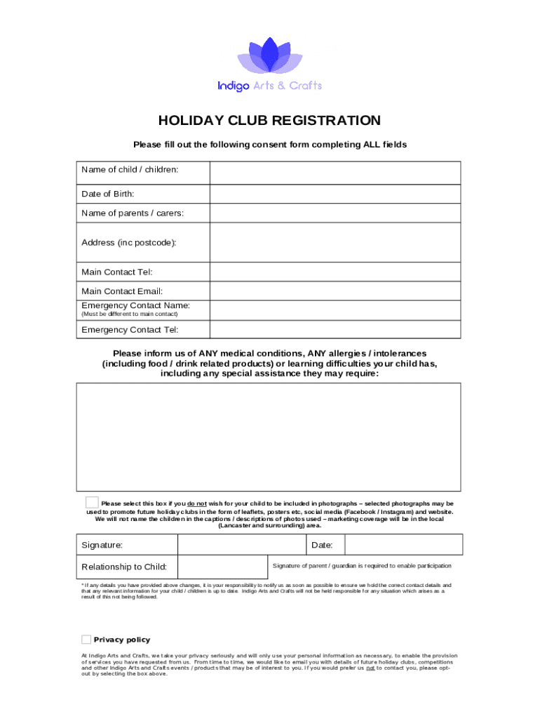 Redhill Holiday Club Info & consent Doc Template | pdfFiller
